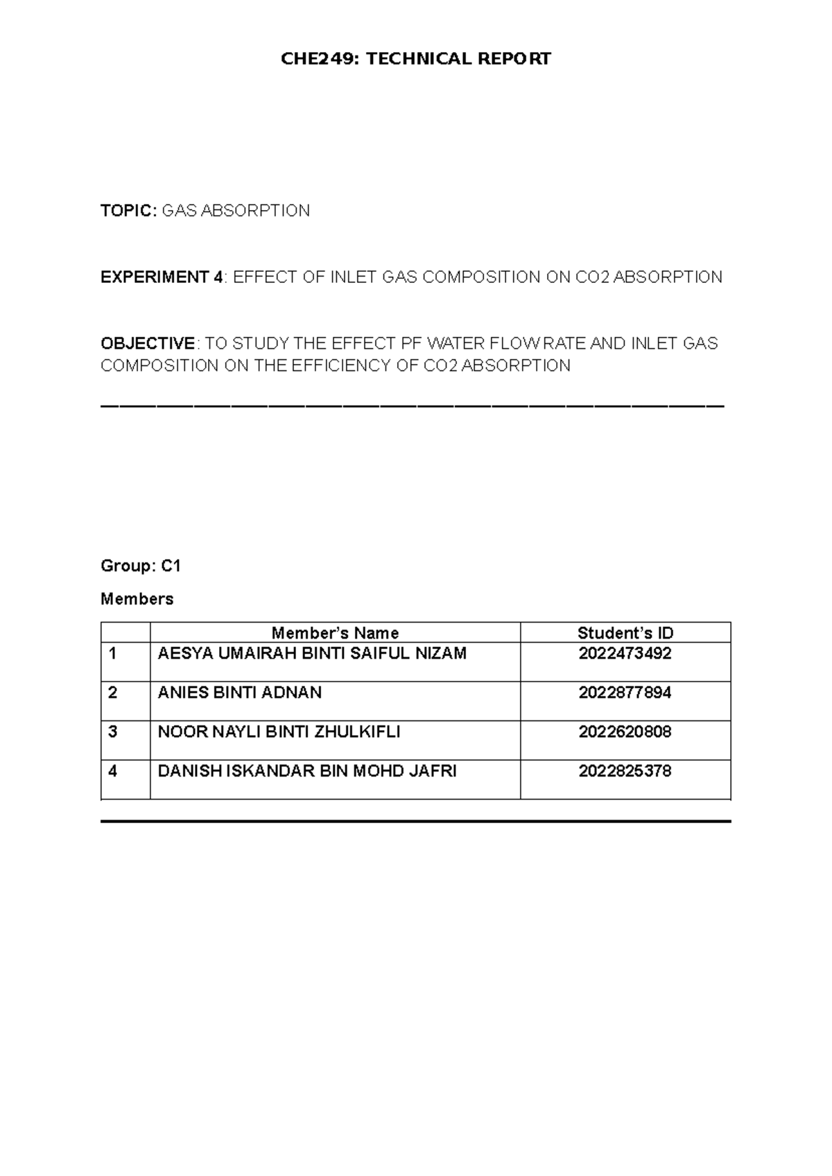 CHE249: Technical Report on Gas Absorption Experiment 4 - Studocu