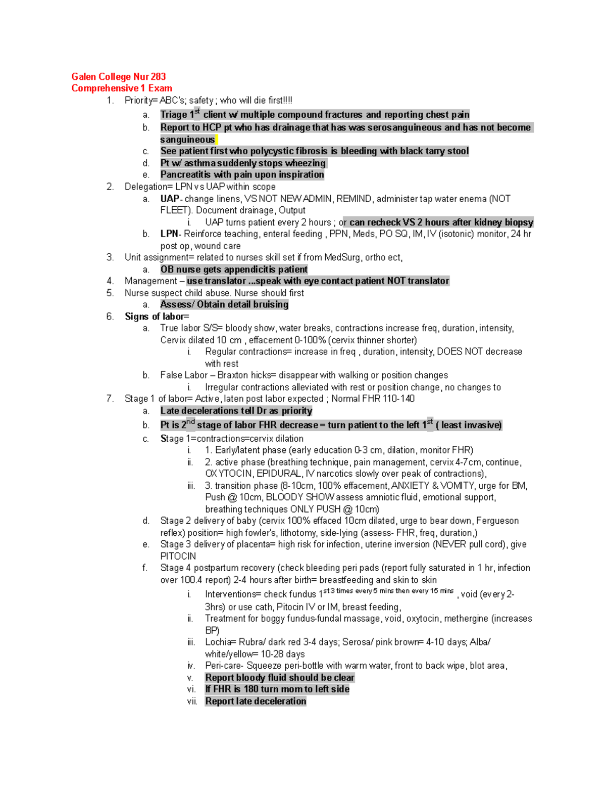 Comprehensive Study Guide for Galen College Nur 283 Exam 1 - Studocu