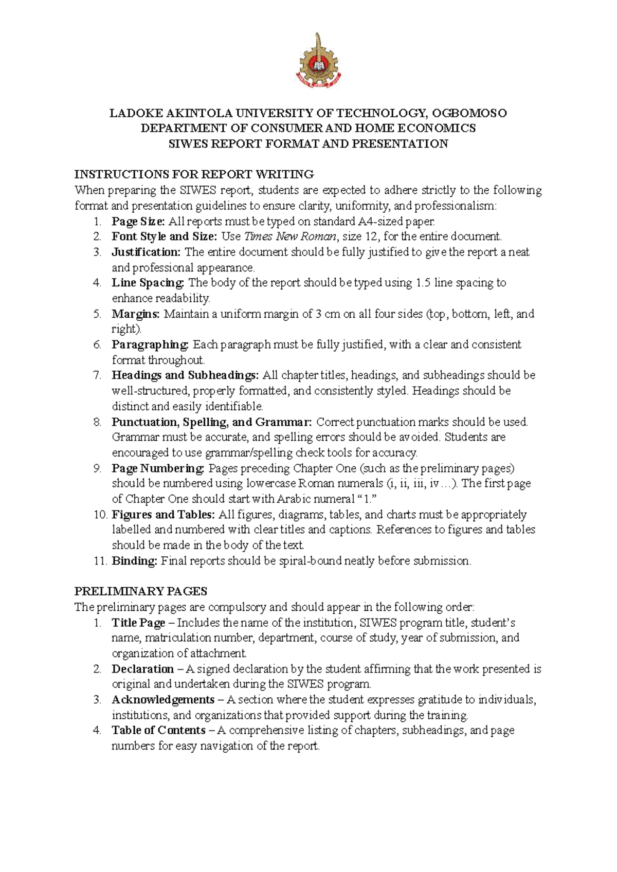 SIWES Report Format & Presentation Guidelines - Consumer & Home ...