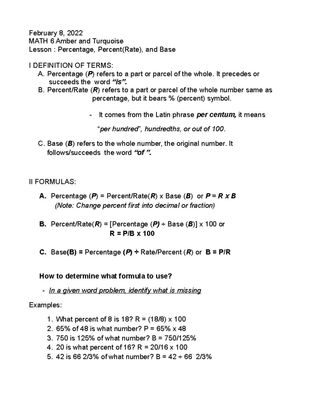 MATH 6 ( Percentage, Rate, Base) February 8, 2022 - February 8, 2022 ...