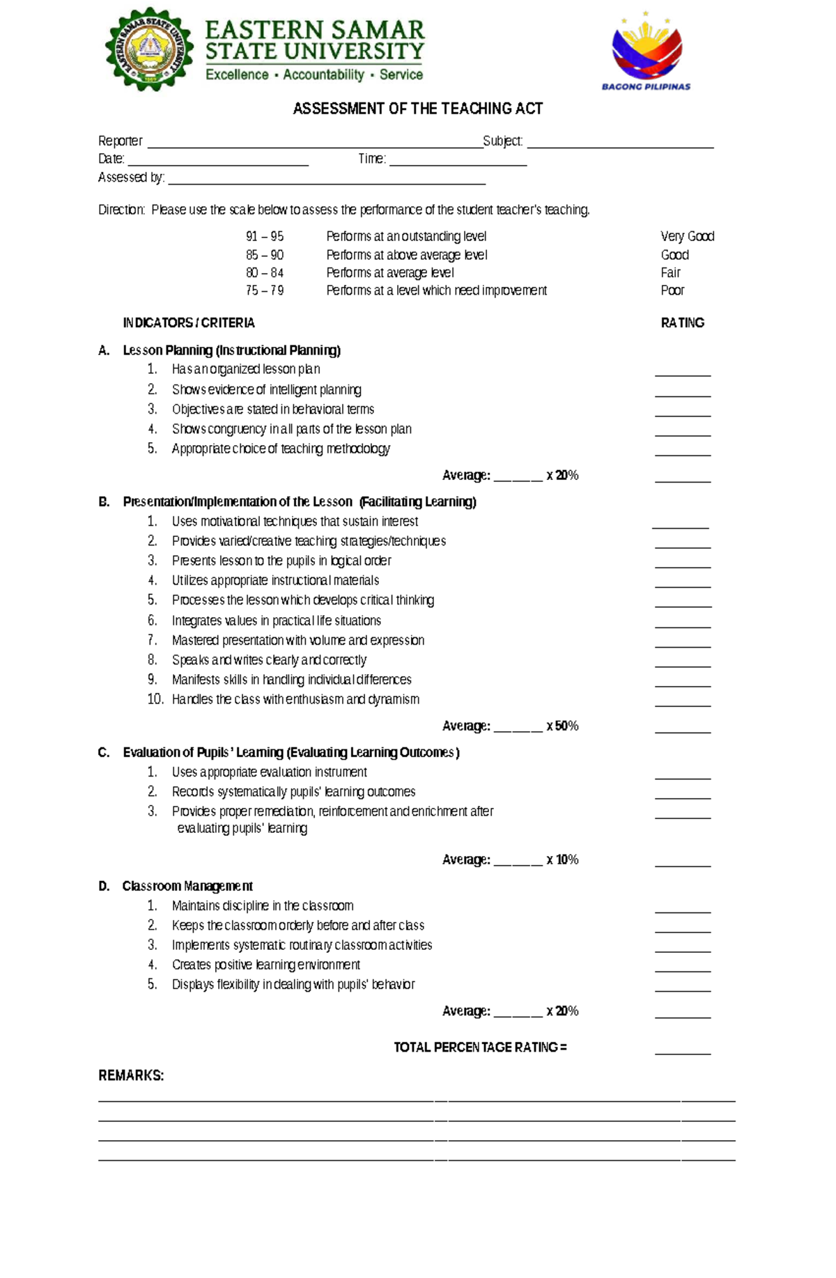 ASSESSMENT OF THE TEACHING ACT 2024: Performance Evaluation Guide - Studocu