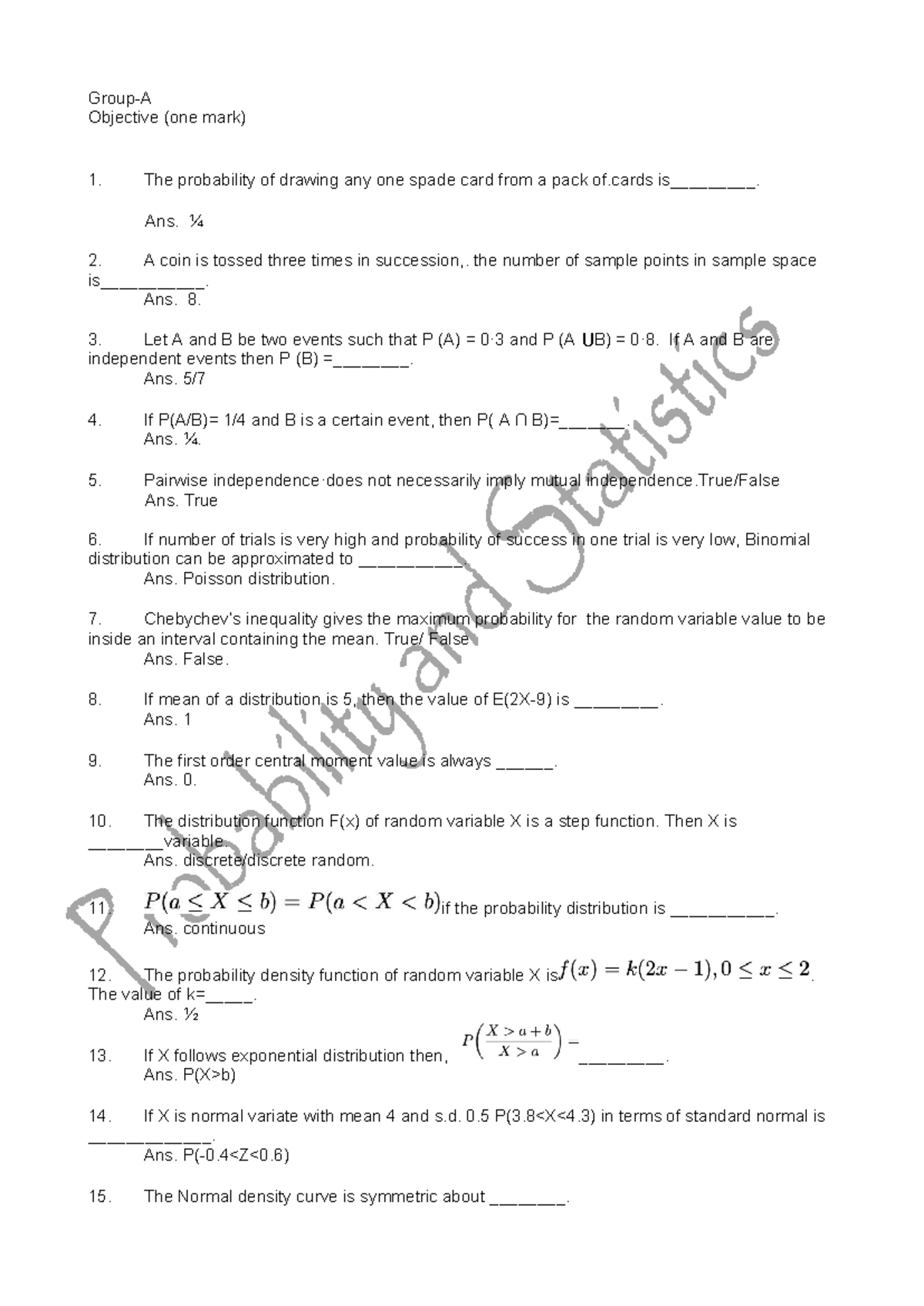 Prob&Stat - Maths: Objective Questions and Answers - Studocu