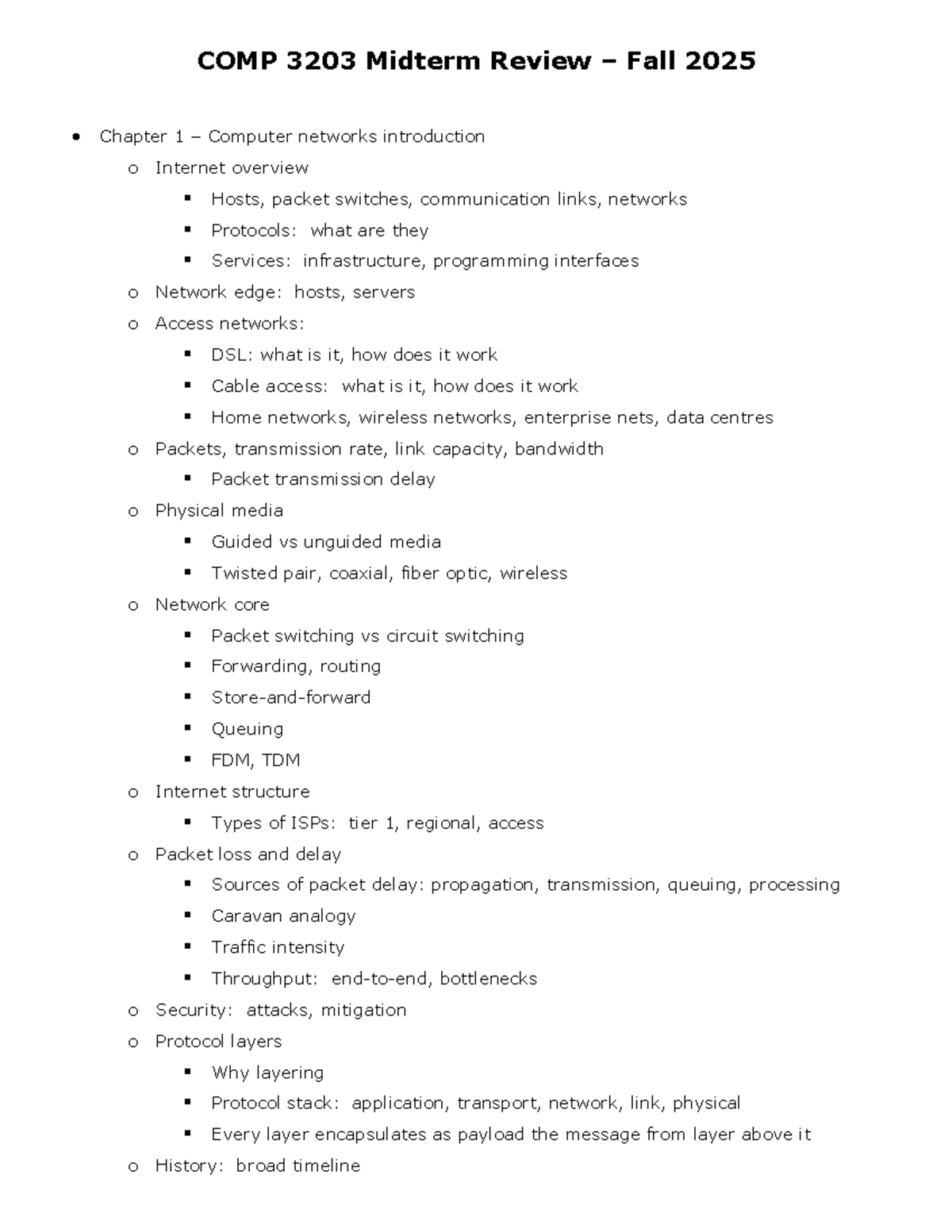 COMP 3203 Midterm Review: Chapters 1-3 on Computer Networks - Studocu