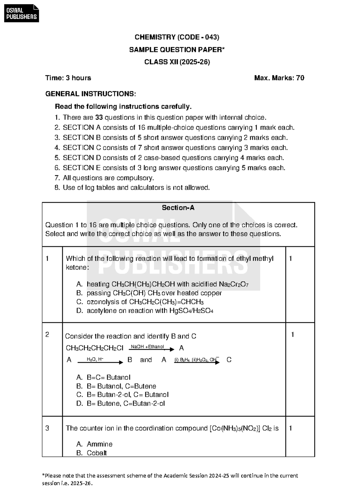 CHEMISTRY (CODE 043) CLASS XII SAMPLE QUESTION PAPER - Studocu