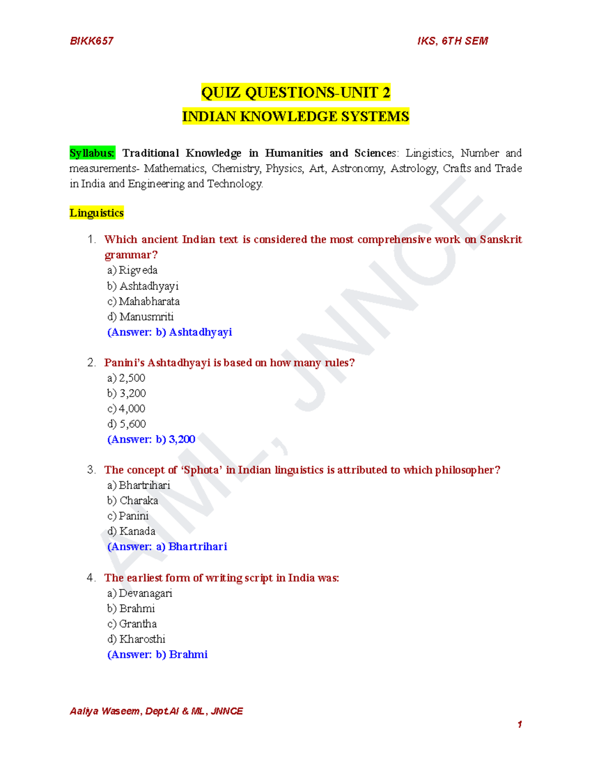 IKS, 6TH SEM QUIZ 2: Indian Knowledge Systems Overview - Studocu