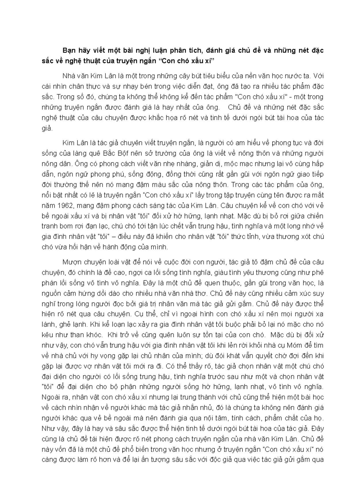 Nghị Luận Phân Tích Truyện "Con Chó Xấu Xí" - Nhà Văn Kim Lân - Studocu