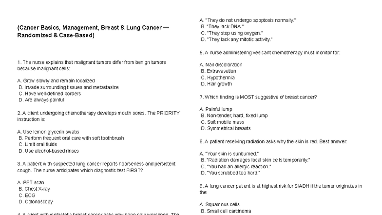 ONCO 1-100 Practice Test: Cancer Basics & Management - Studocu