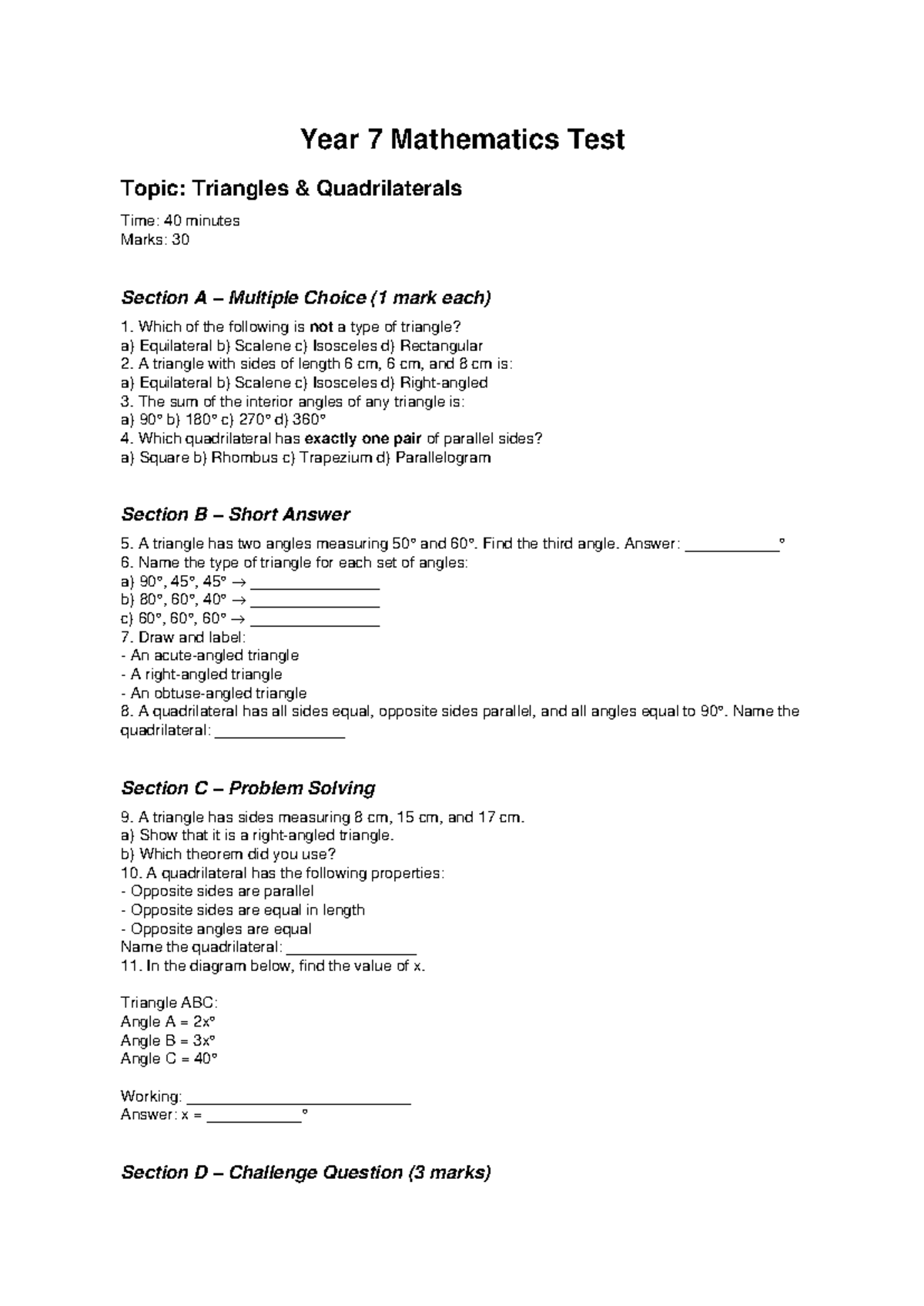 Year 7 Mathematics Test: Triangles & Quadrilaterals - Studocu