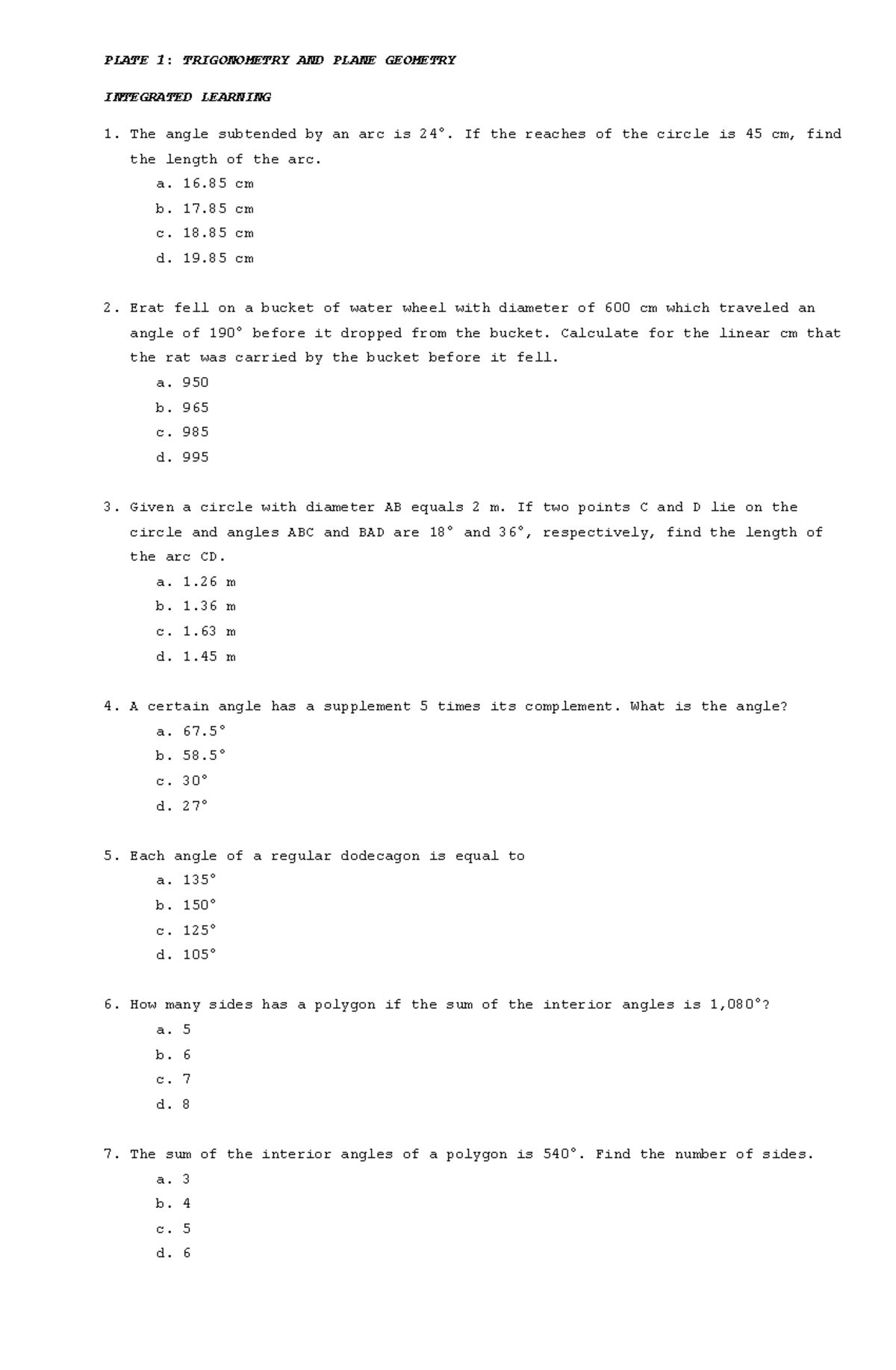 PLATE 1: TRIGONOMETRY AND PLANE GEOMETRY PRACTICE QUESTIONS - Studocu