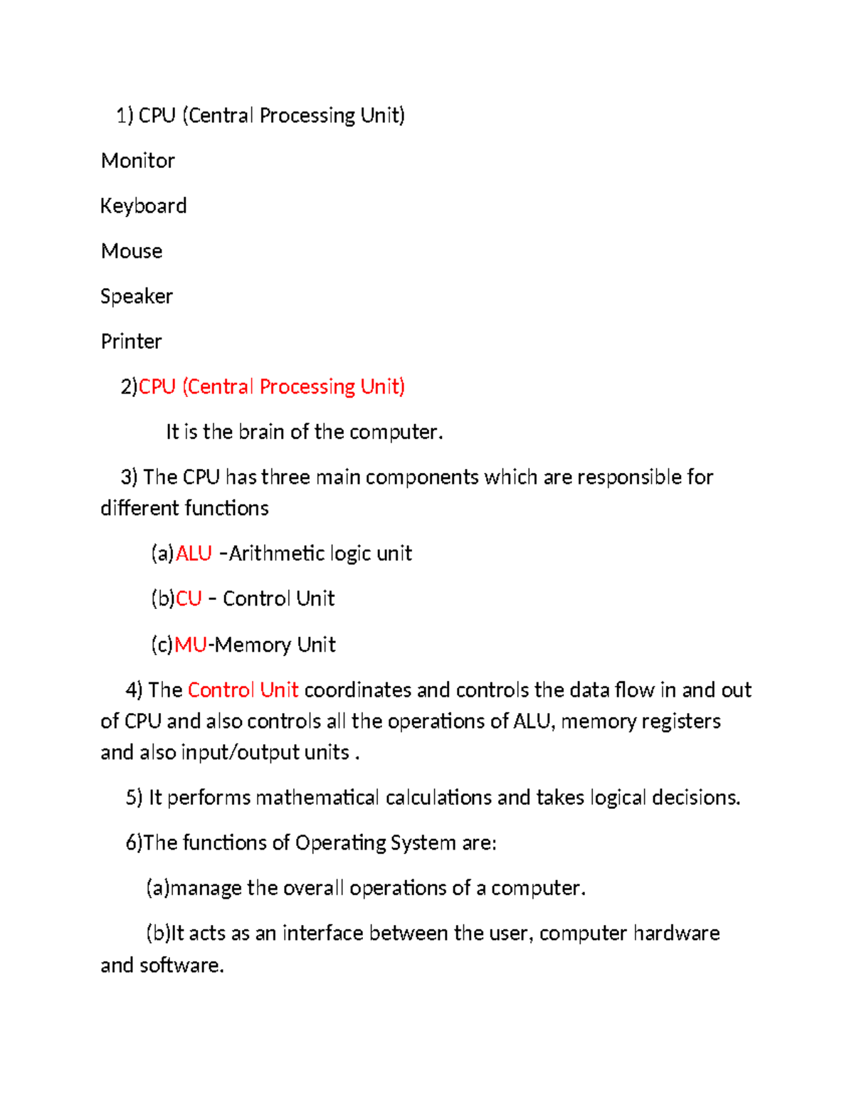 Basic Computer System - Its a practice paper - CPU (Central Processing ...