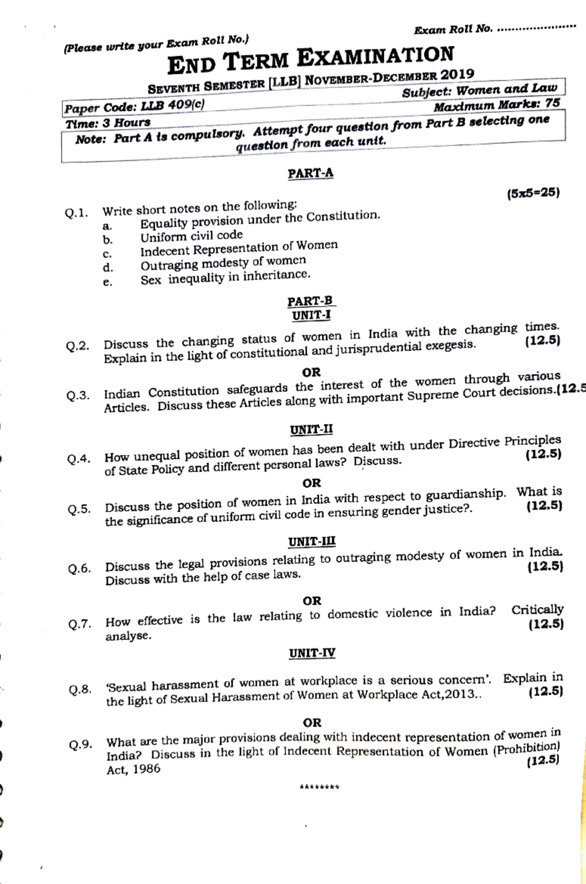 Women and law pyqs - PYQS - Exam Roll No. (Please write your Exam Roll ...