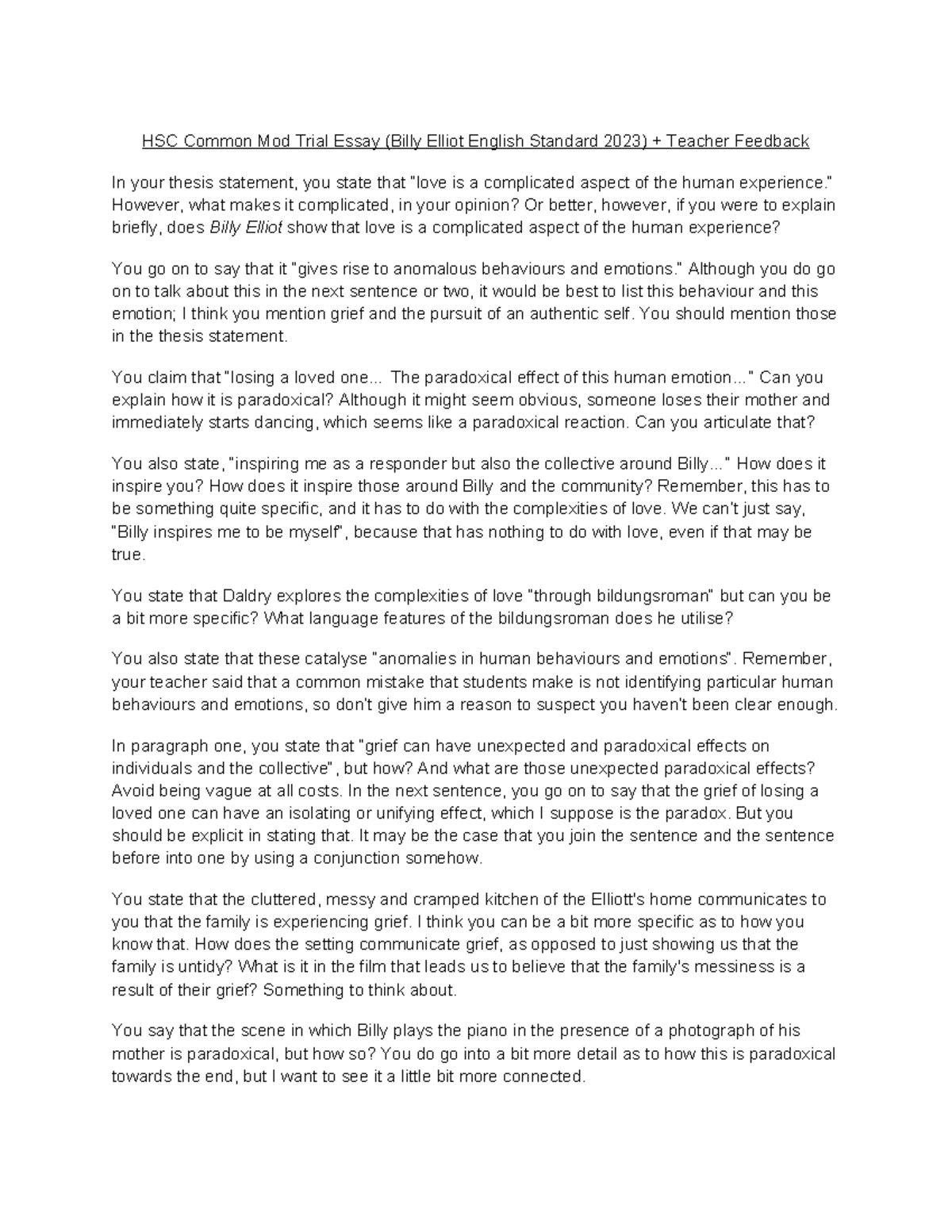 HSC Common Mod Trial Essay Feedback: Analyzing Love in Billy Elliot ...