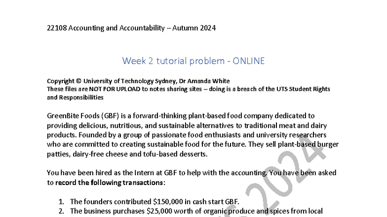 22108 Accounting & Accountability: Week 2 Tutorial Problem Analysis ...