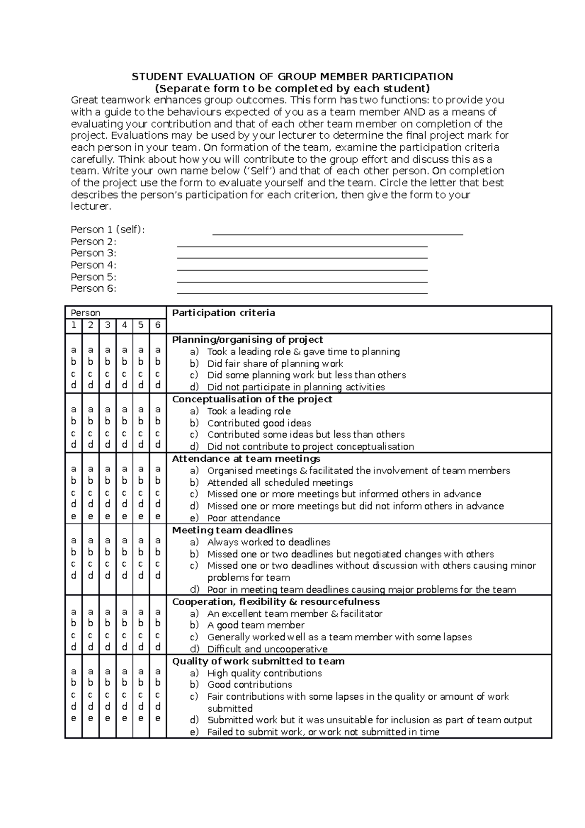 Student Evaluation OF Group Member Participation - STUDENT EVALUATION ...