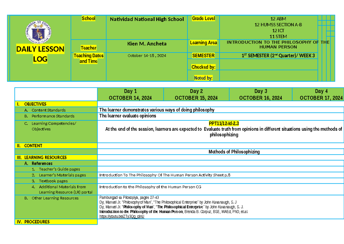 Philo DLL WEEK 6 - Introduction to Philosophy Daily Lesson Log - Studocu