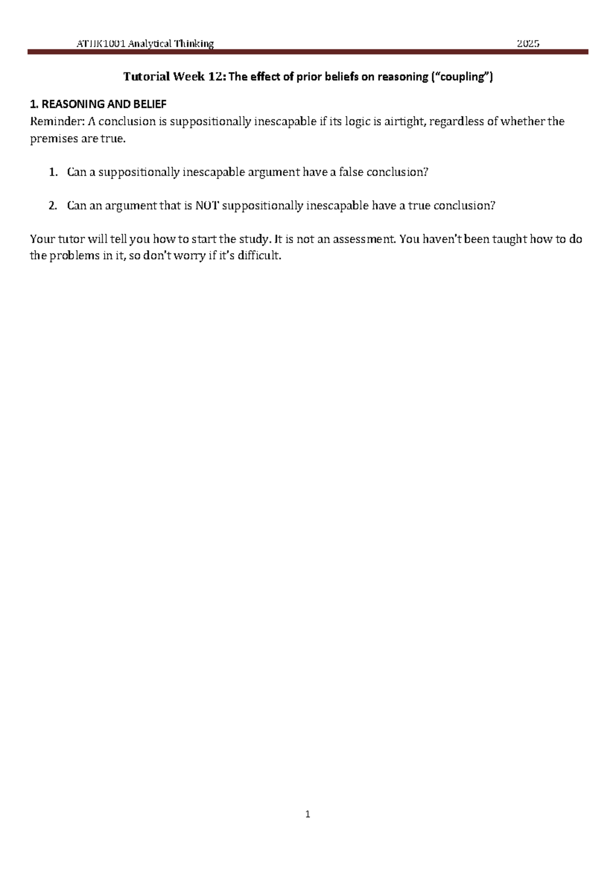 ATHK1001 Analytical Thinking 2025 Tutorial Week 12: Belief and ...