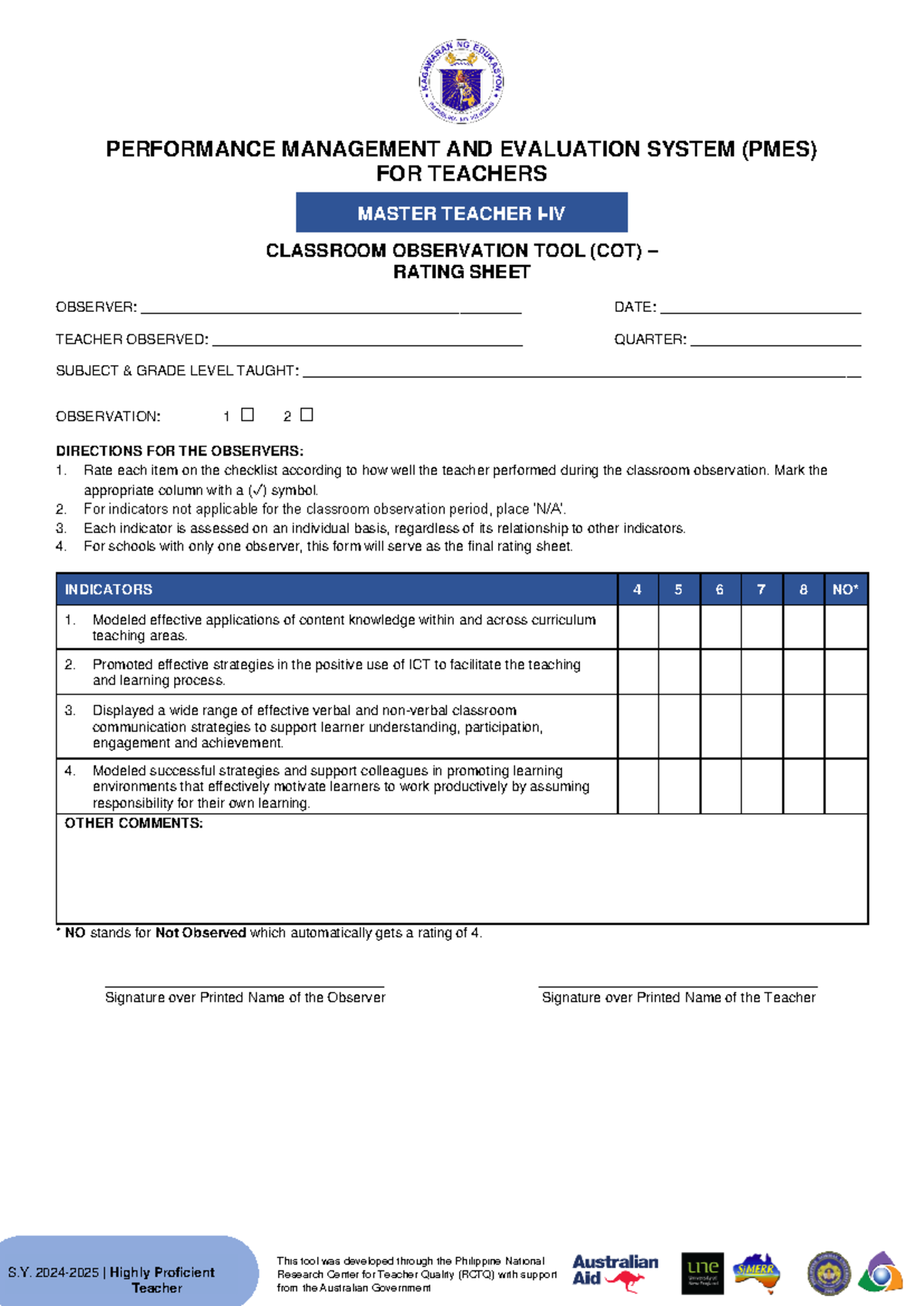 Annex C-4 COT Rating Sheet for Highly Proficient Teacher SY 2024-2025 ...
