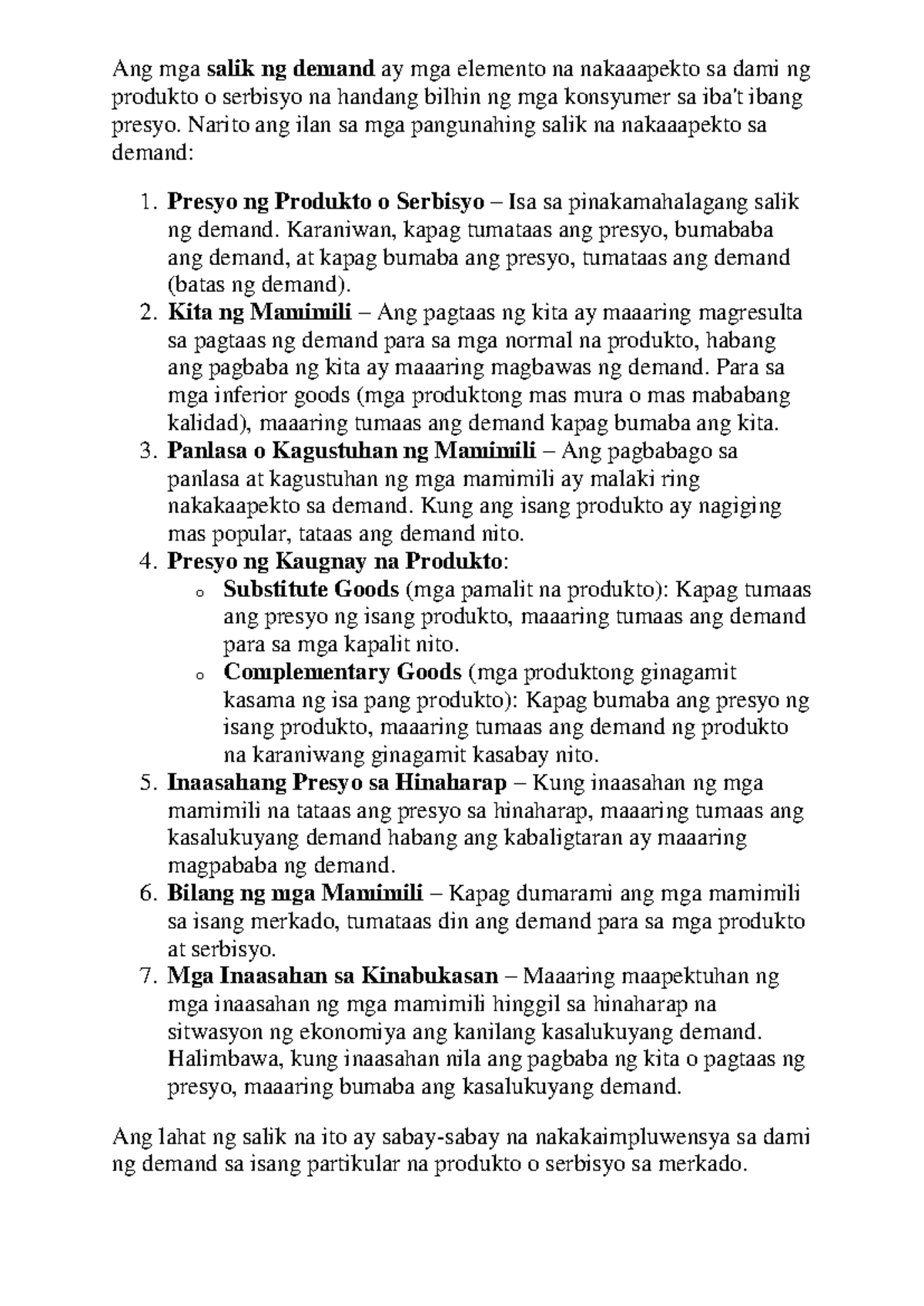 Salik ng Demand: Pagsusuri sa Mga Elemento ng Konsumo sa Iba't Ibang ...