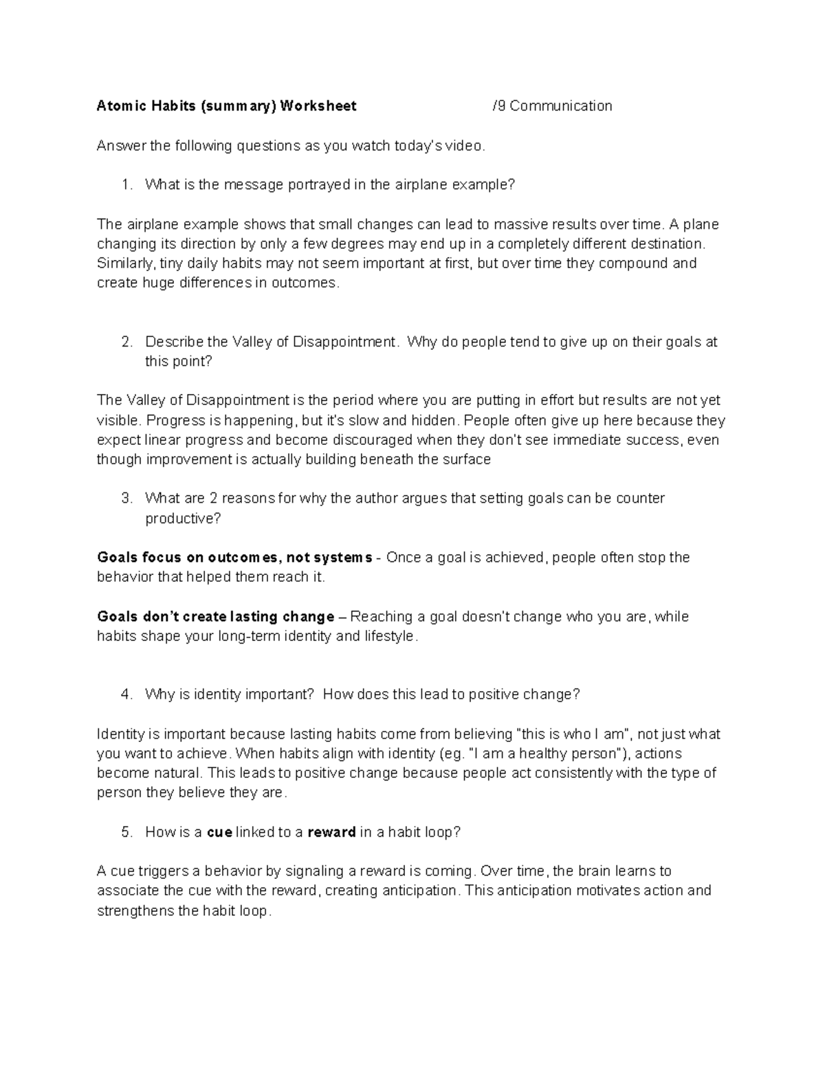 Atomic Habits (Summary) Worksheet: Key Concepts & Insights - Studocu