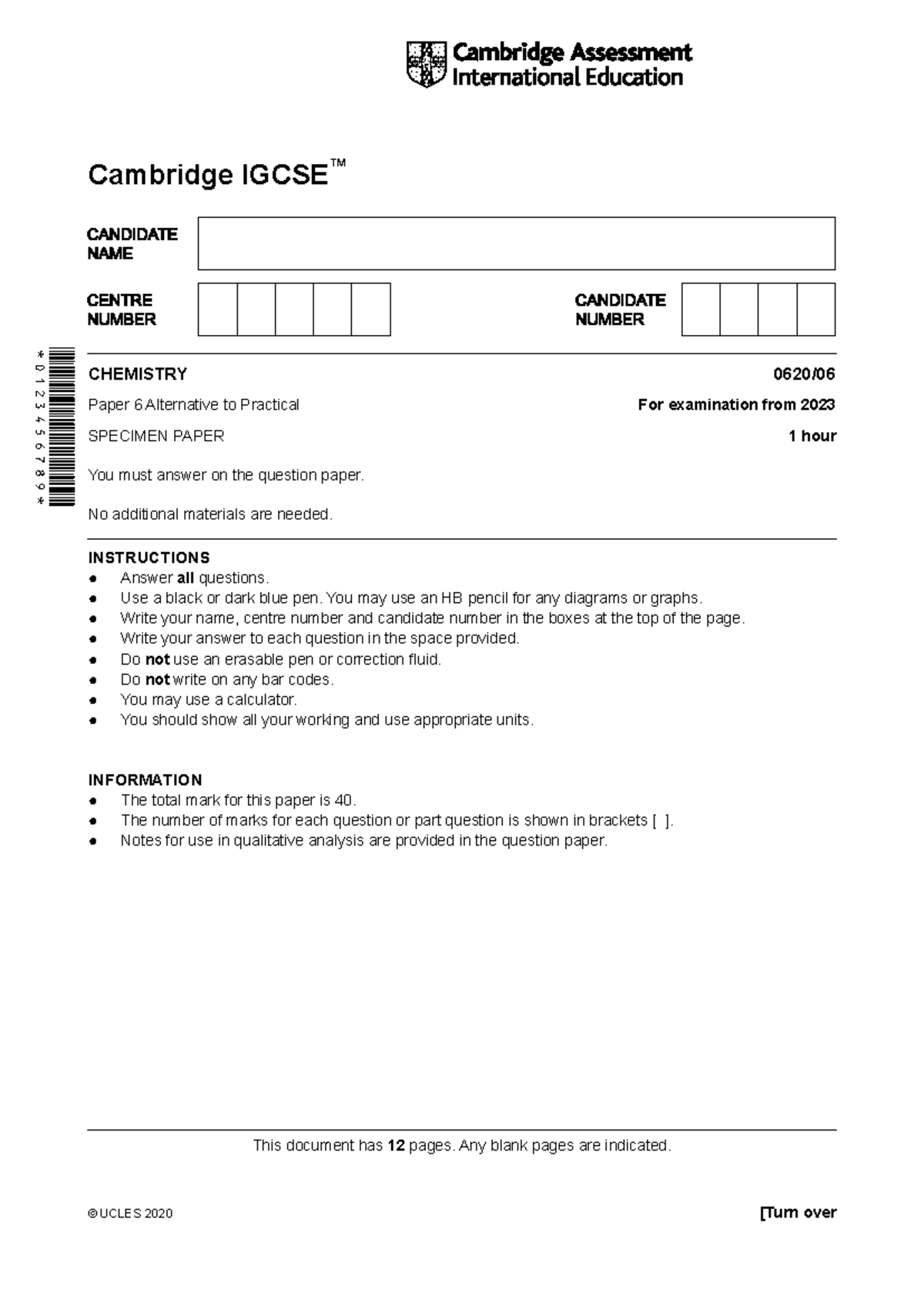 Cambridge Igcse Chemistry 0620 Specimen Paper 6 2023 Studocu