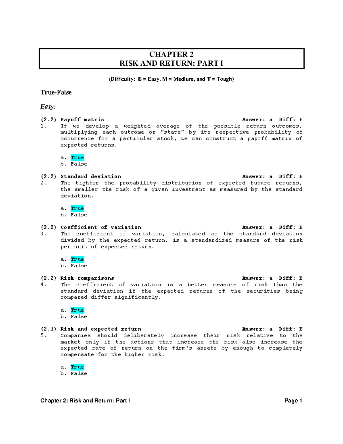 Chapter 2: Risk and return - multiple choice questions and answers ...