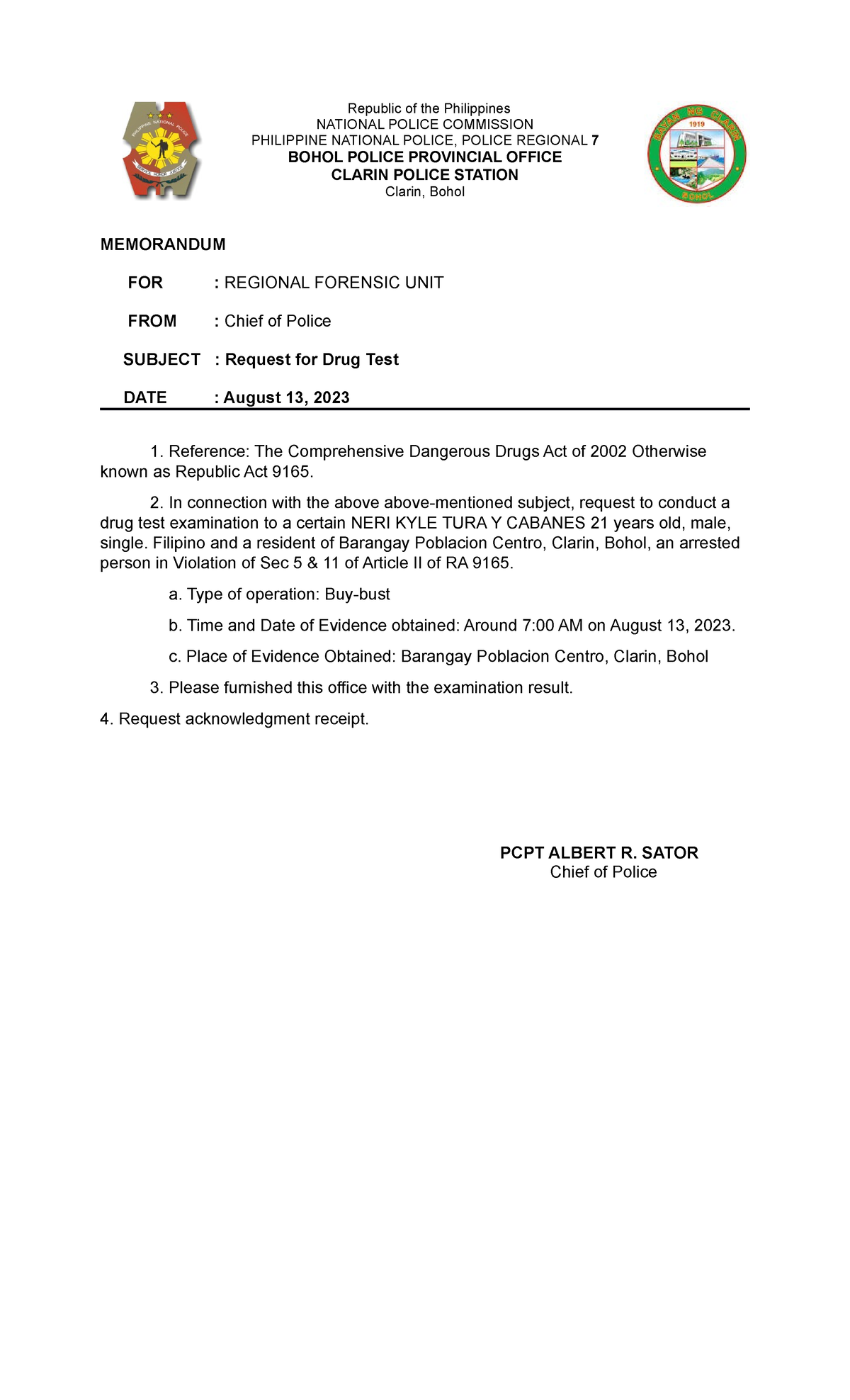 Request for Drug Test - D,VX, XV - August 2023 Memo - Studocu