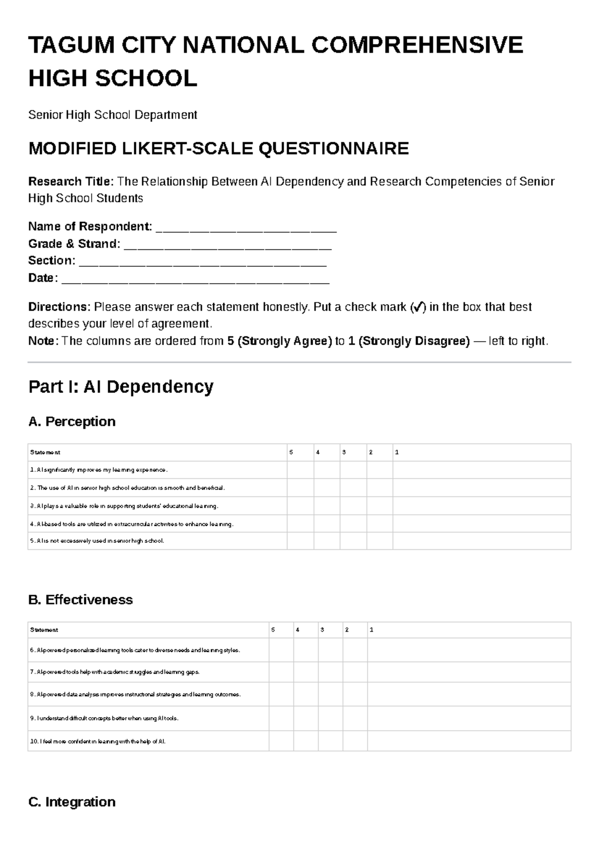 AI Dependency & Research Competencies of SHS Students: Modified ...