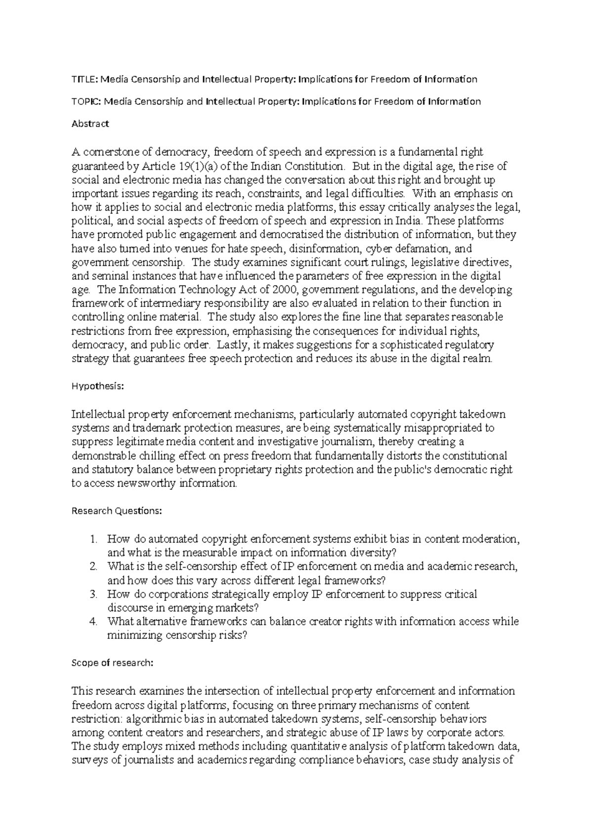 IPR I - Media Censorship & Intellectual Property: Impacts on Free Speech - Studocu