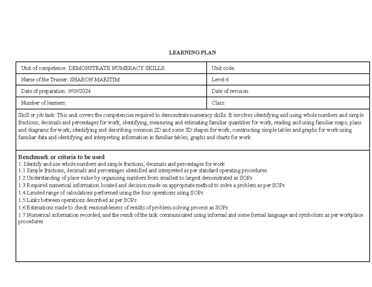 Level 6 Numeracy Skills Learning Plan and Assessment Guide - Studocu