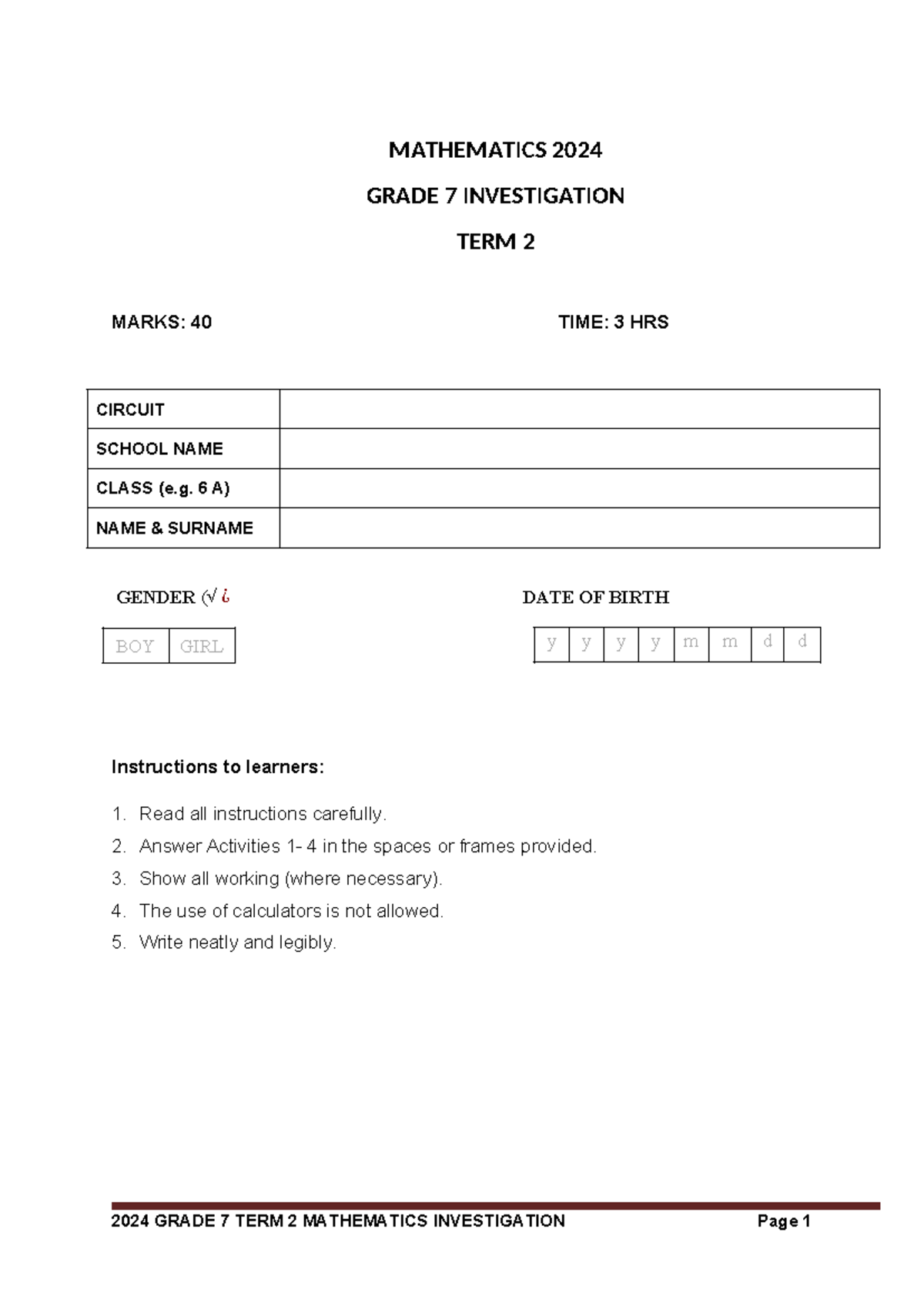 Grade 7 Mathematics Investigation Term 2 2024 - Document 042056 - Studocu