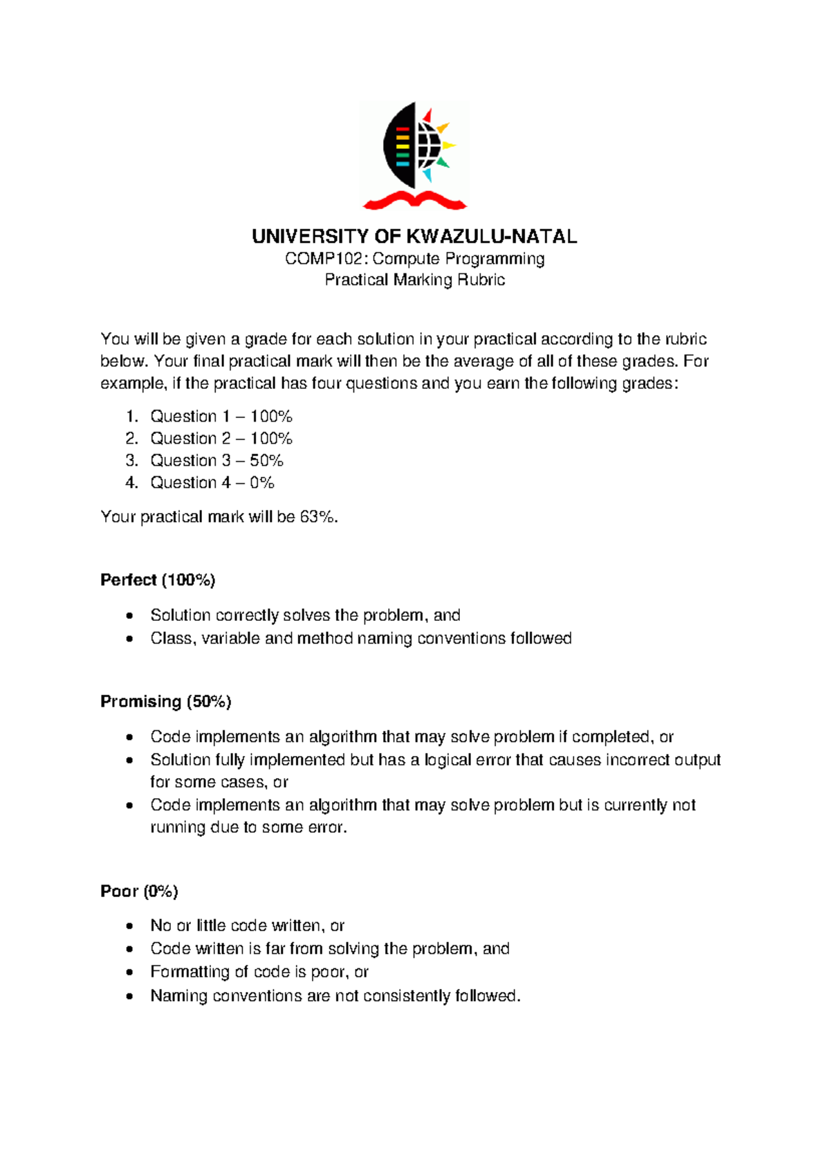 COMP102: Practical Marking Rubric for Computer Programming - Studocu