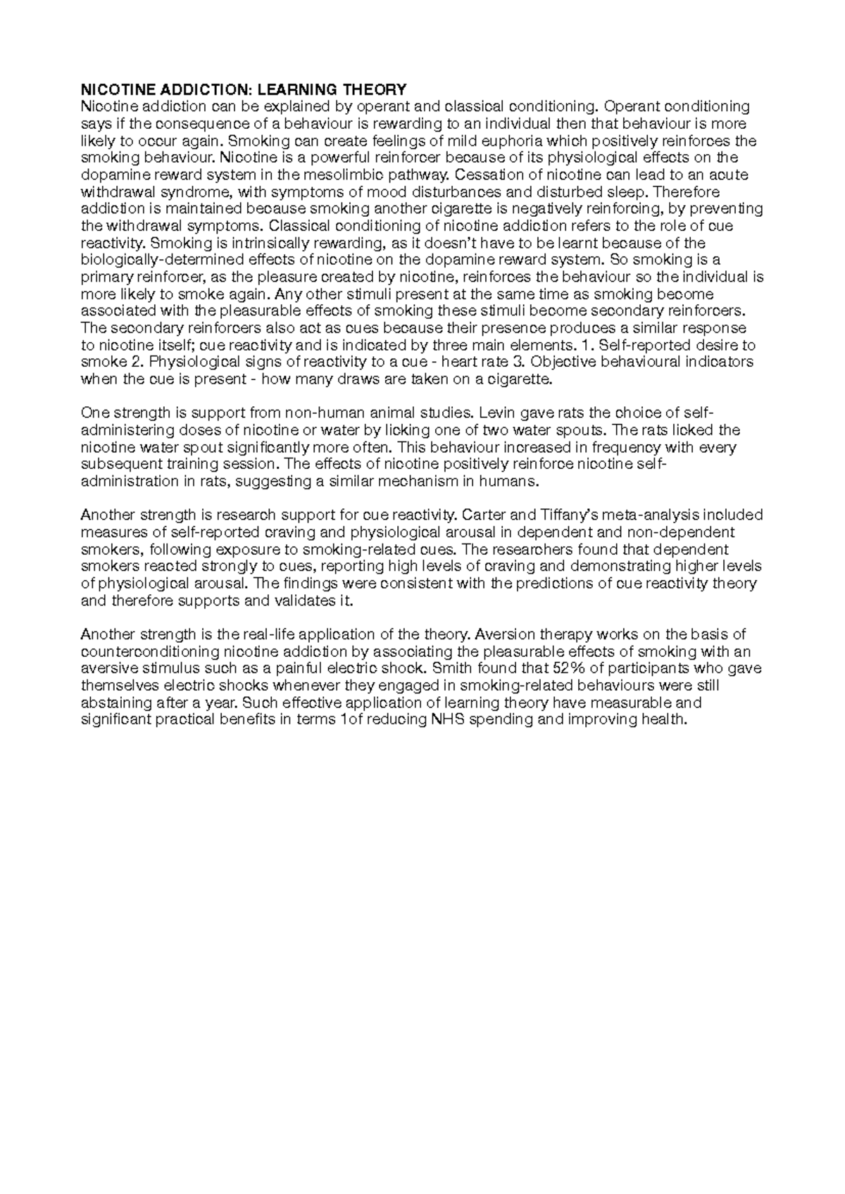 Nicotine Addiction: Learning Theory Insights - A* Essay Overview - Studocu