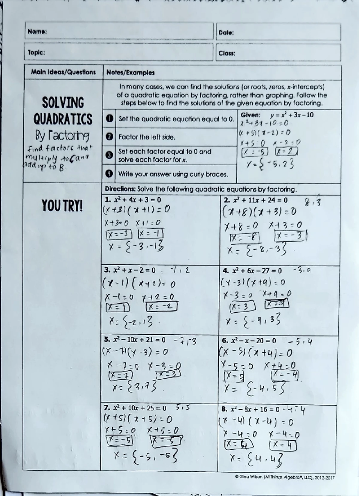 Math 101 - Solving Quadratics Review Notes - Studocu