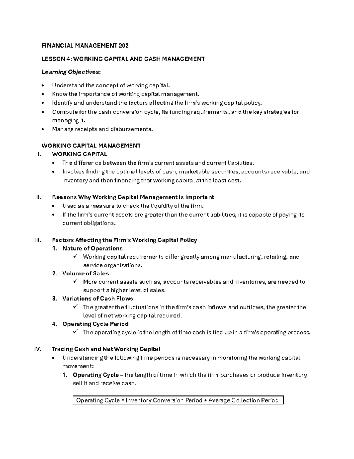 Lesson 4 Finman 202 Working Capital CASH Management - FINANCIAL ...