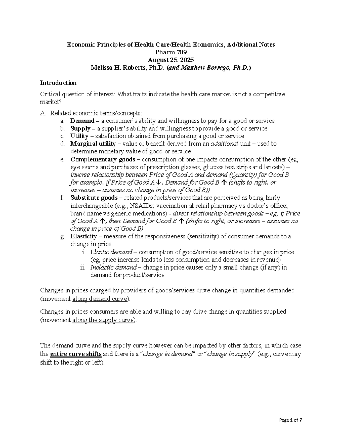 Economic Principles of Health Care: Market Structures & Dynamics (Pharm ...