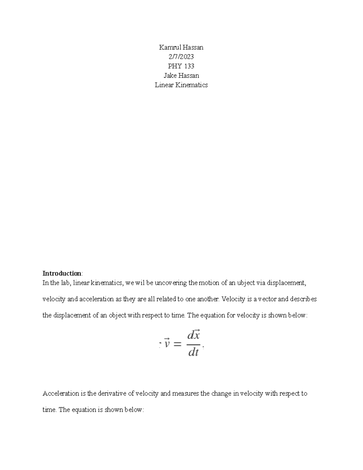 PHY 133 Lab 1: Exploring Linear Kinematics and Acceleration - Studocu