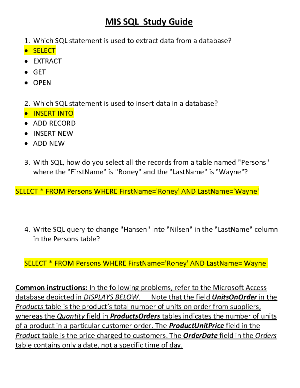 MIS 101 SQL Study Guide: Essential Concepts & Sample Queries - Studocu