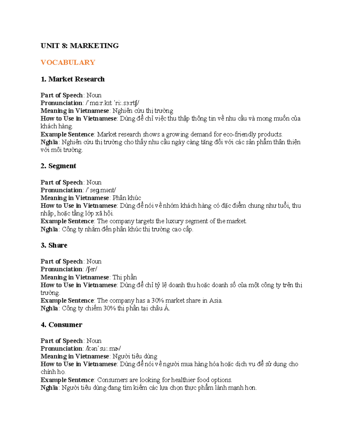 UNIT 8 - Từ mới - UNIT 8: MARKETING VOCABULARY 1. Market Research Part ...