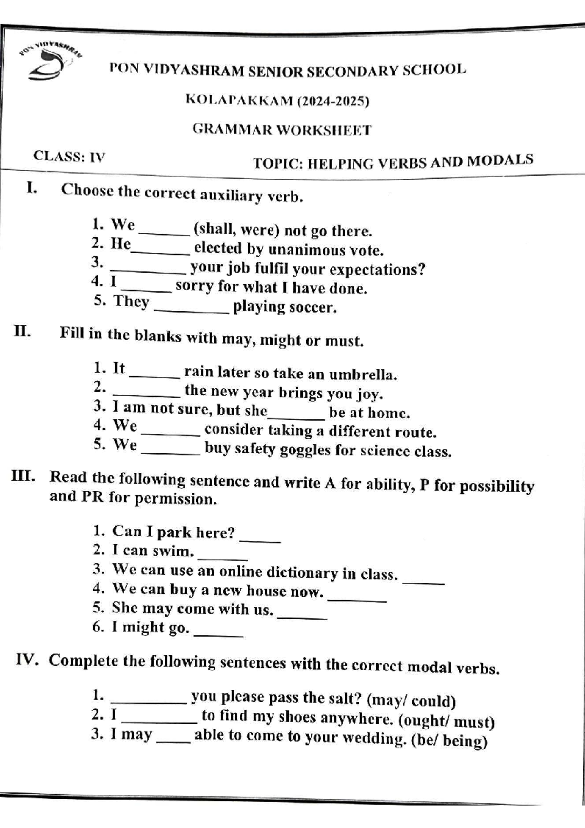 Grammar Worksheet: Helping Verbs & Modals for Class IV - Studocu