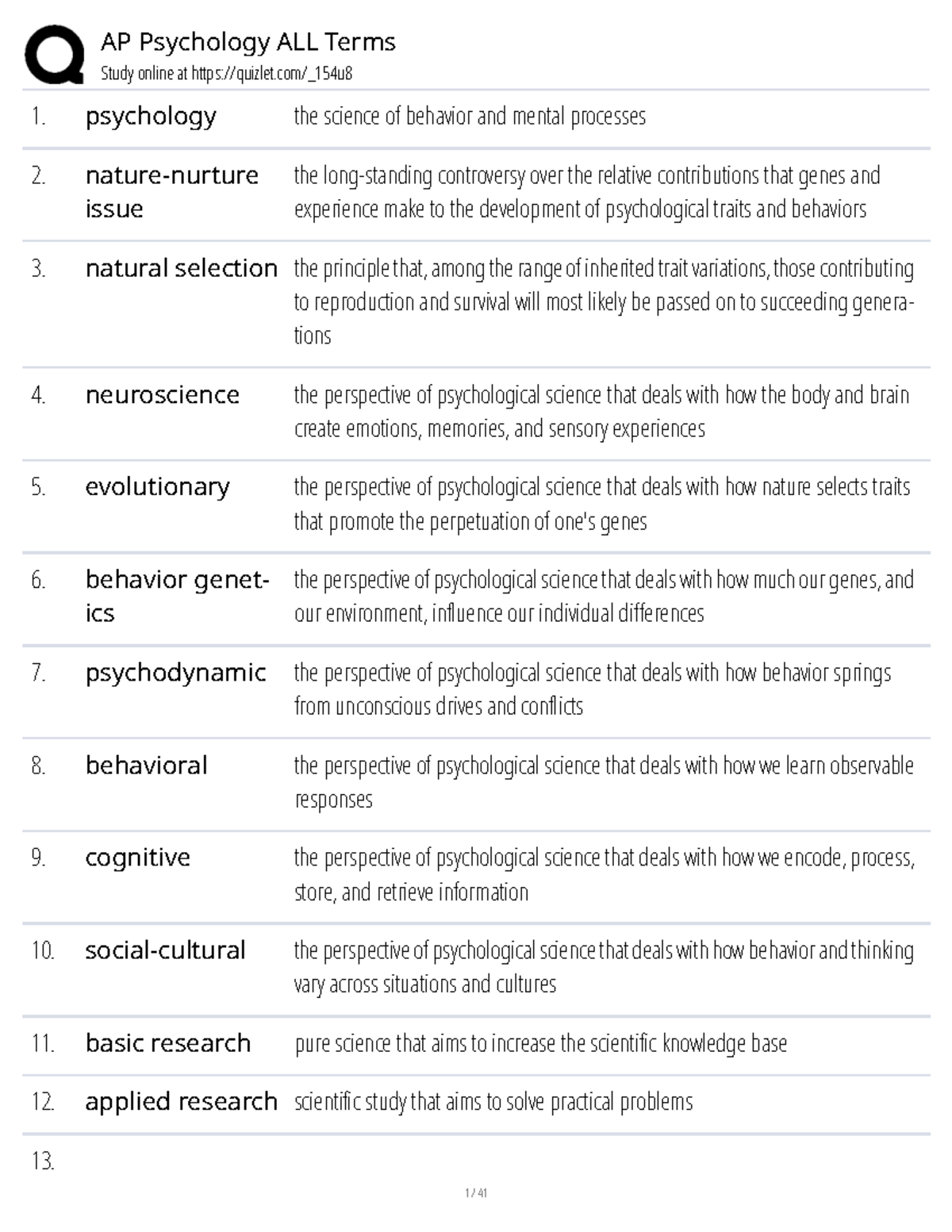 AP Psychology Final Exam: Comprehensive Terms Study Guide - Studocu