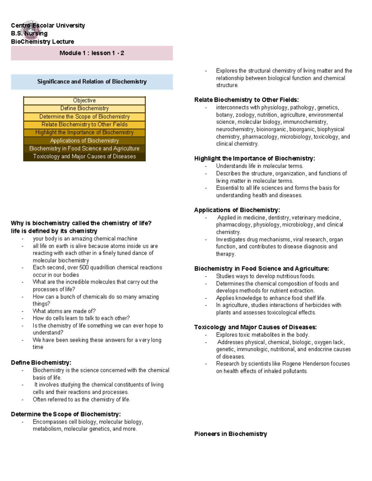 Biochemistry Lecture M1: Key Concepts & Importance of Life Chemistry ...