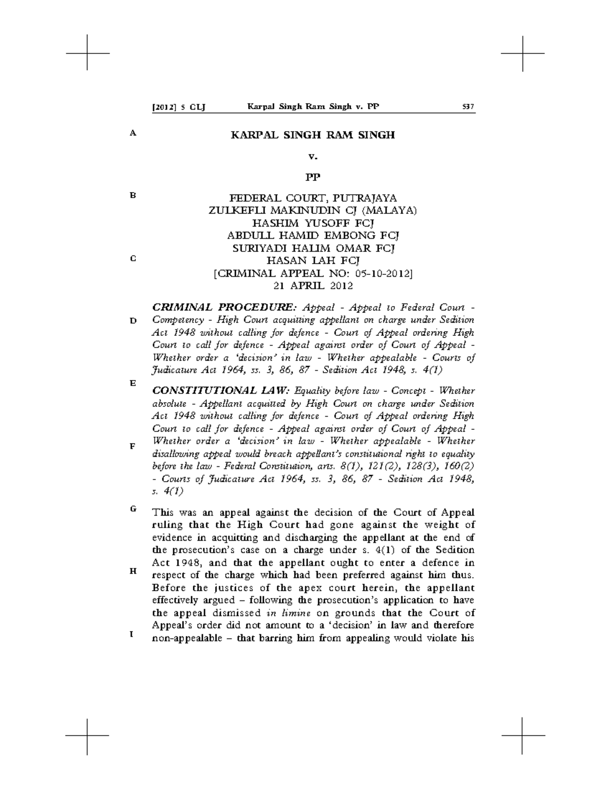 Karpal Singh Ram Singh v. PP: Analysis of Federal Court Appeal [2012] 5 ...