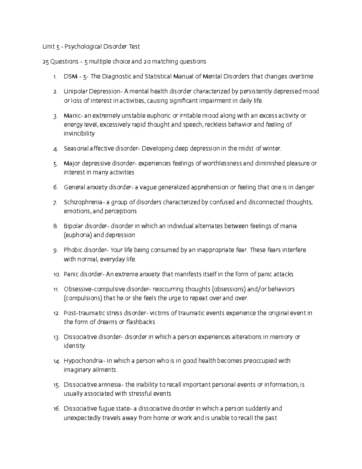 Unit 5 - Review Sheet for Psychological Disorders Test - Studocu