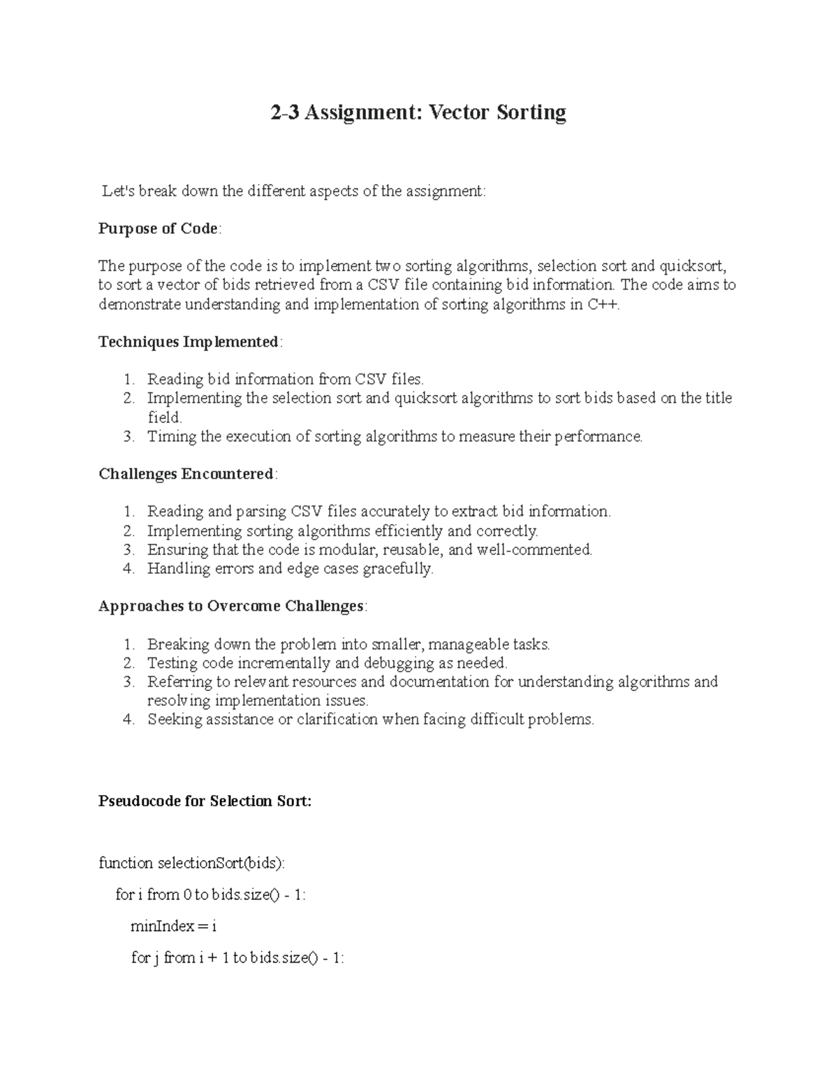 CSE 231 Assignment: Vector Sorting with Selection and Quicksort - Studocu