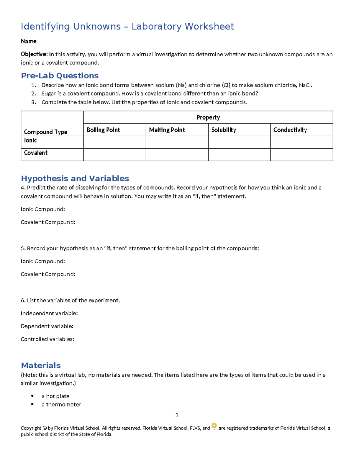 Identifying Unknowns Lab Worksheet: Ionic vs. Covalent Compounds - Studocu