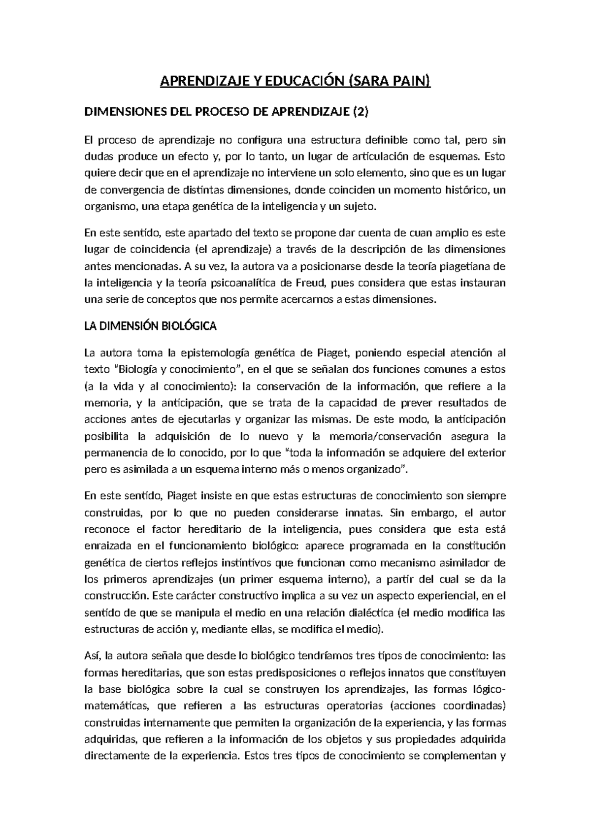 APRENDIZAJE Y EDUCACIÓN: DIMENSIONES DEL PROCESO (SARA PAIN) - Studocu