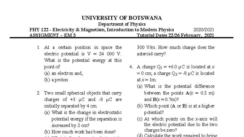 PHY 122 EM3 Assignment: Electricity & Magnetism Practice Problems - Studocu
