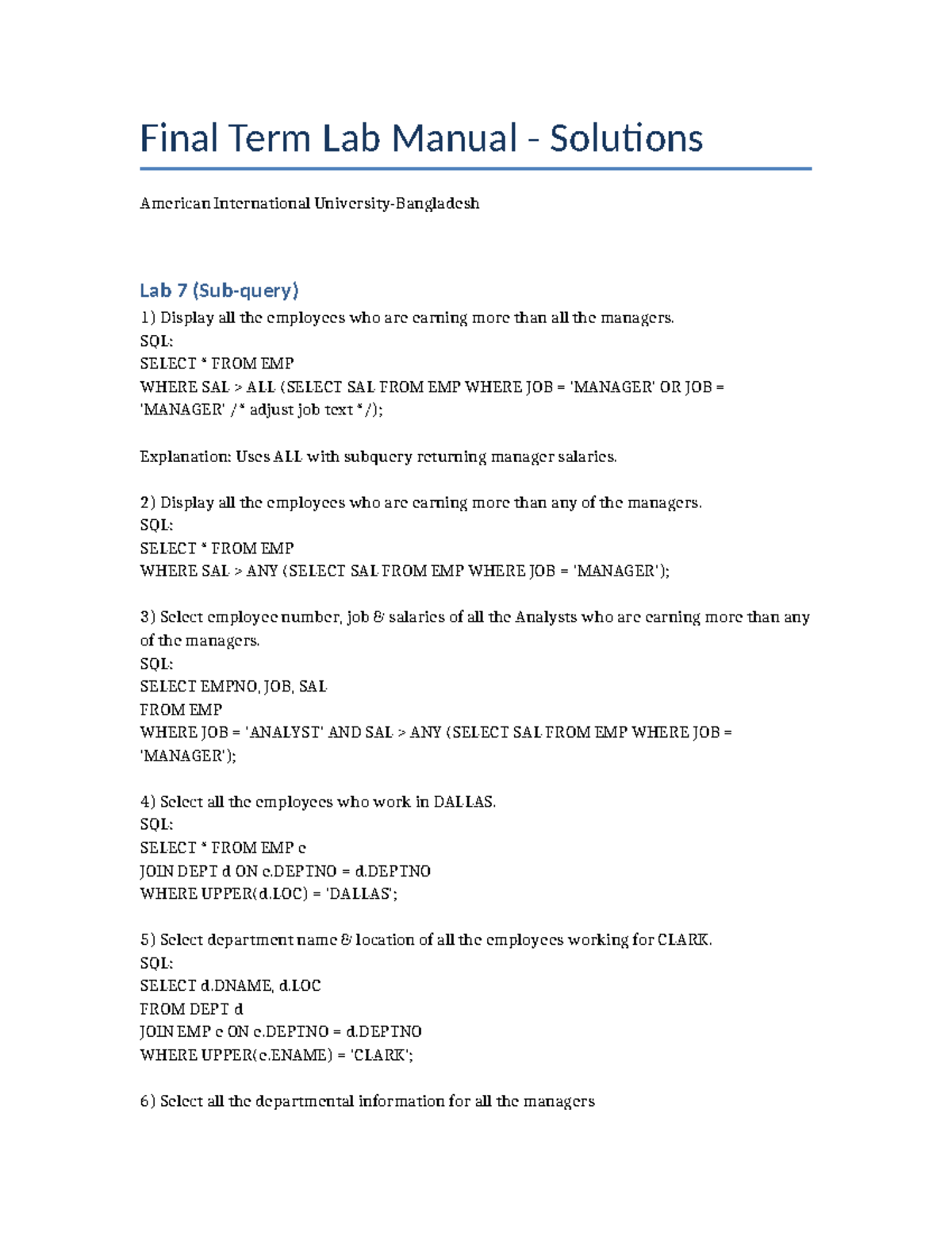 Final Term Lab Solutions for SQL Queries - AI Lab 7 - Studocu