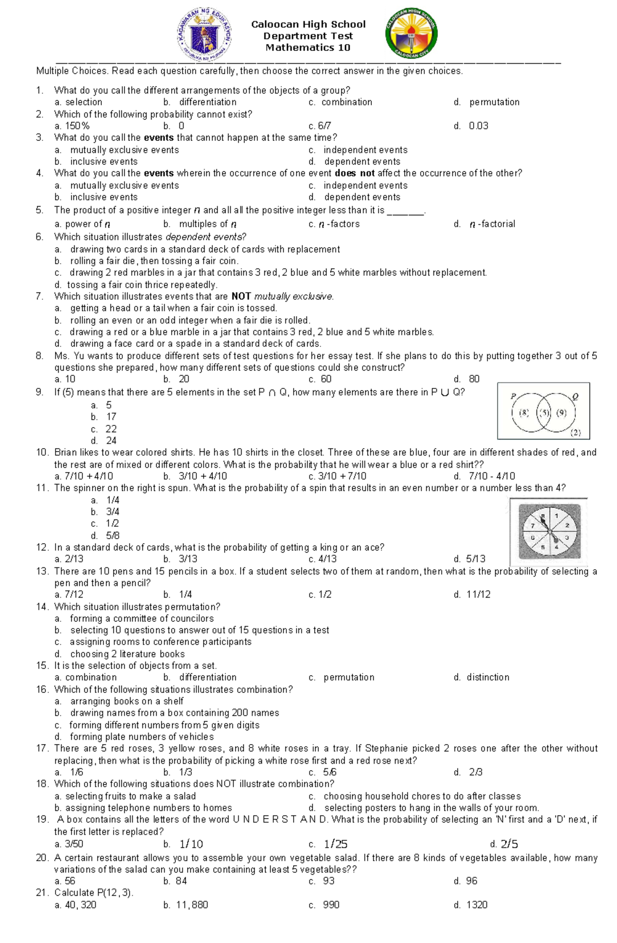 3rd Periodical Test Mathematics 10: Multiple Choice Questions - Studocu