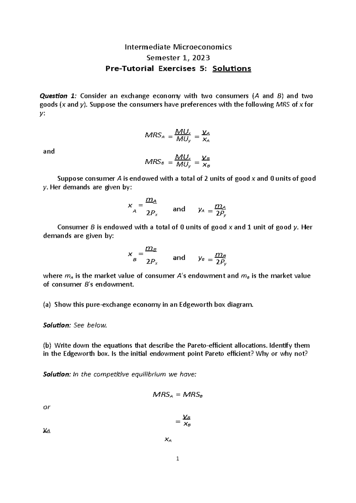 IM PRE T5 Solutions 2023 - 1 Intermediate Microeconomics Semester 1 ...